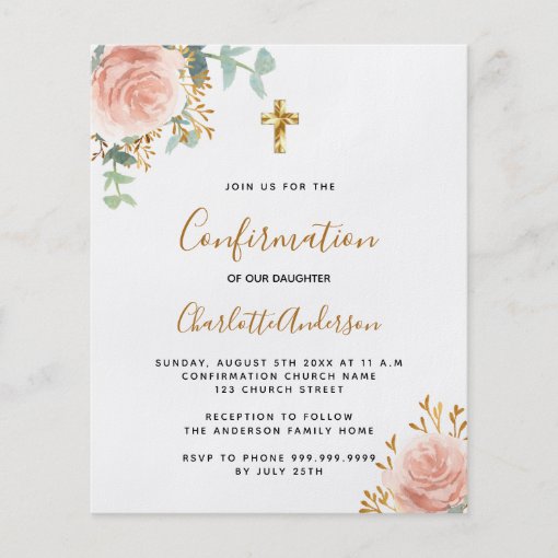 Confirmation blush pink girl budget invitation flyer | Zazzle