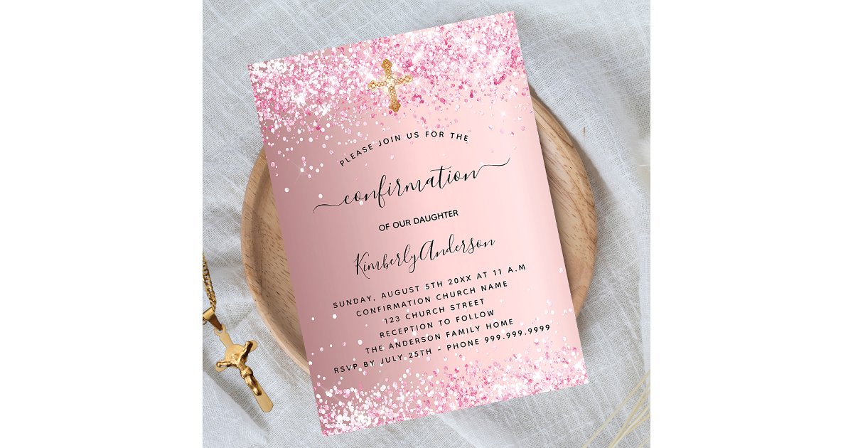 Confirmation blush pink glitter girl invitation | Zazzle