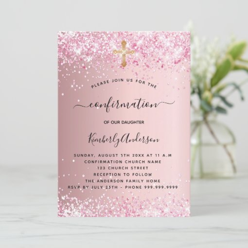 Confirmation blush pink glitter girl invitation | Zazzle
