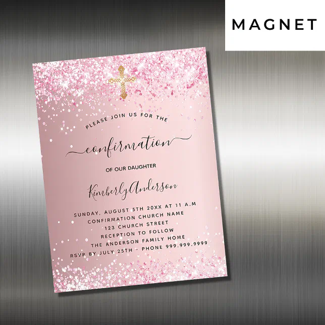 Confirmation blush pink glitter girl luxury magnetic invitation | Zazzle