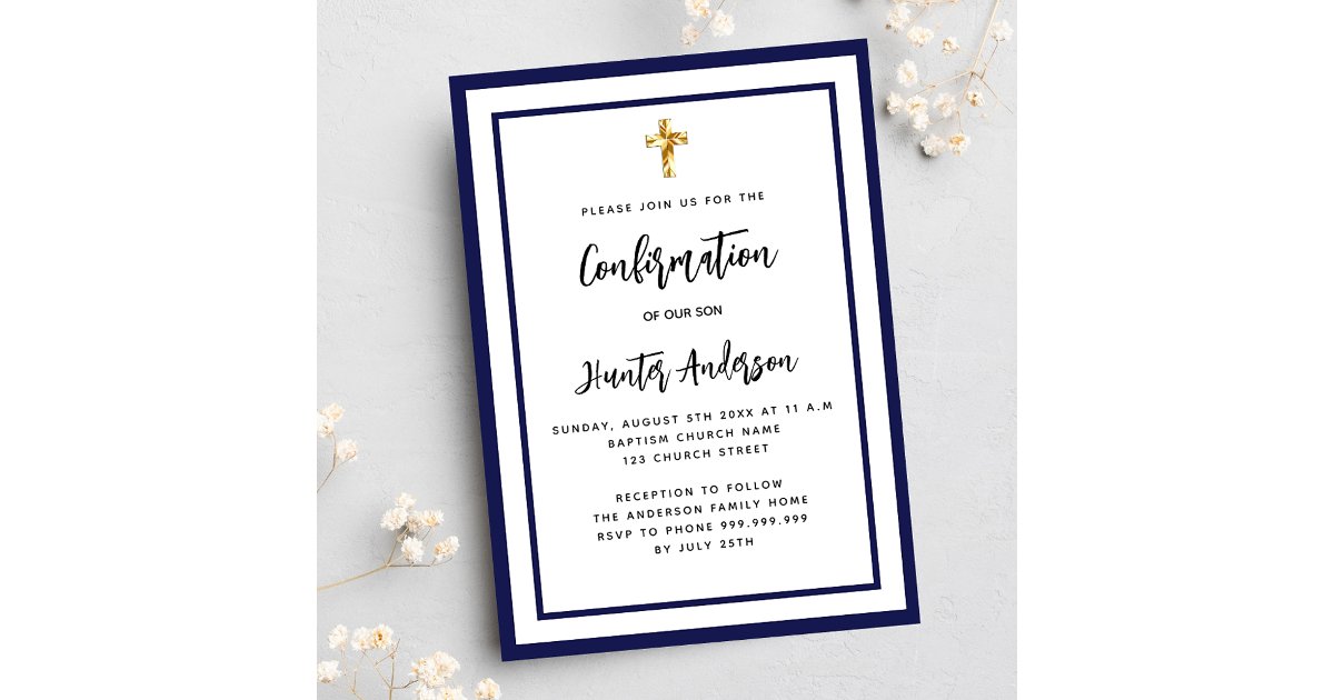 Confirmation boy navy blue white invitation postcard | Zazzle