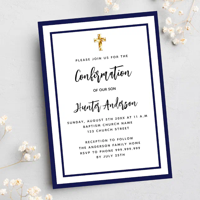 Confirmation boy navy blue white invitation postcard | Zazzle