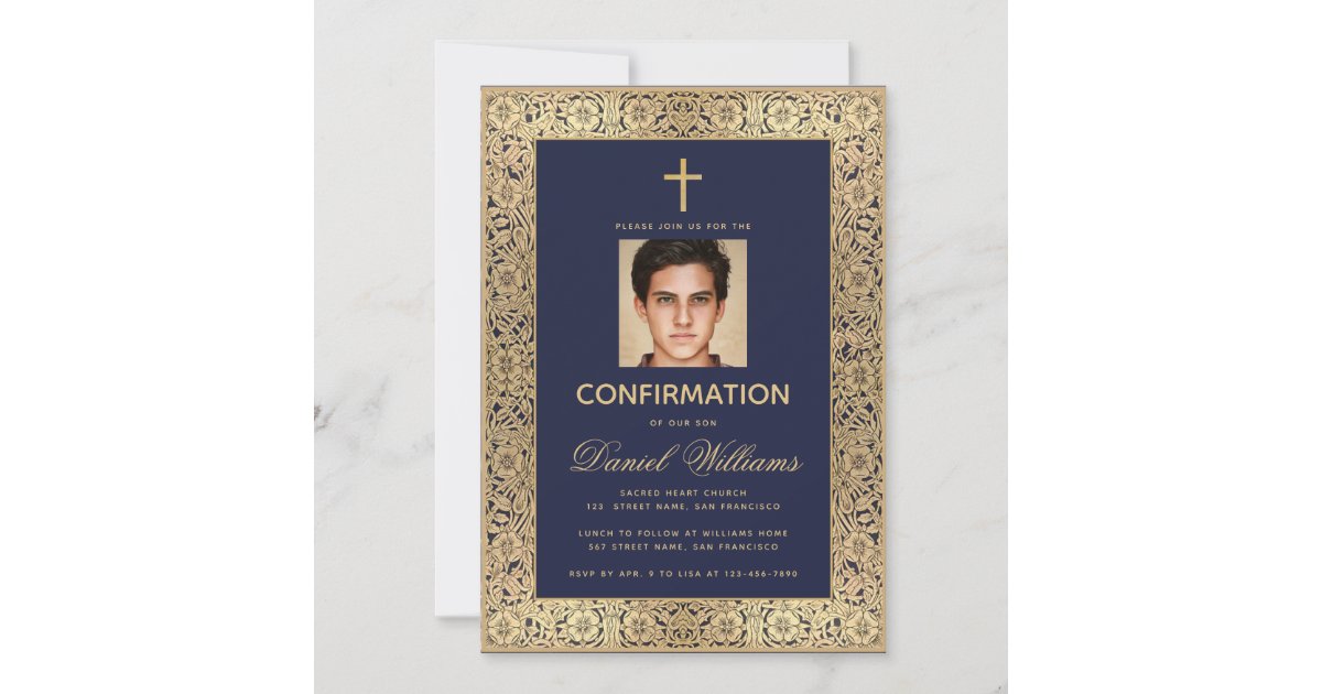 Confirmation Boy Photo Navy Blue Gold Roses Script Invitation | Zazzle