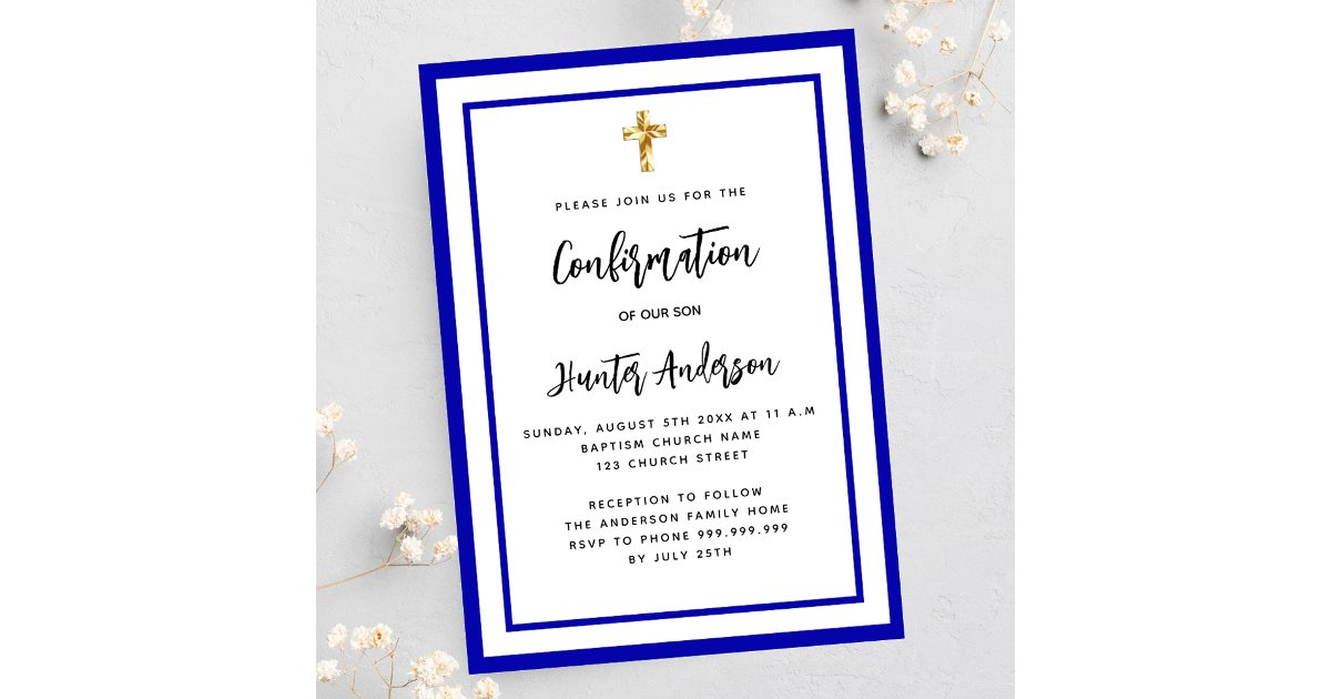 Confirmation boy royal blue white luxury invitation | Zazzle