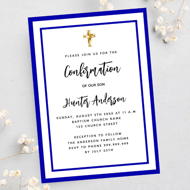 Confirmation boy royal blue white luxury invitation | Zazzle