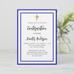Confirmation boy royal blue white luxury invitation | Zazzle