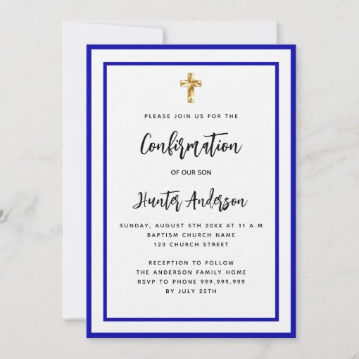 Confirmation boy royal blue white luxury invitation | Zazzle