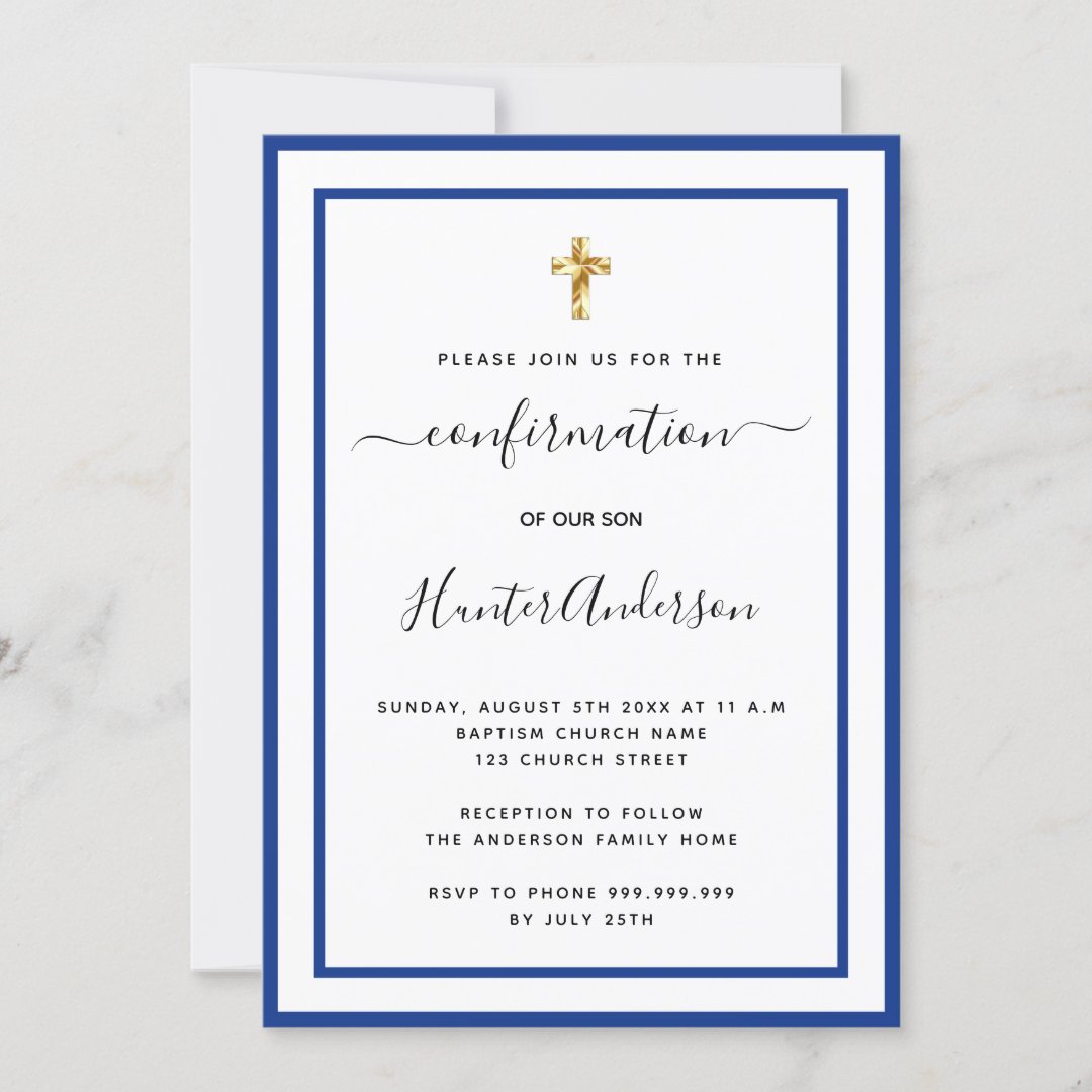 Confirmation boy royal blue white minimalist invitation | Zazzle
