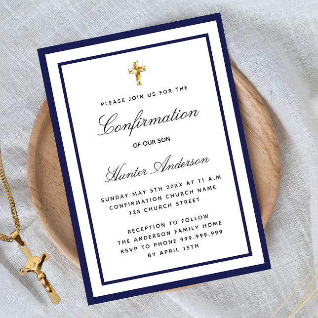 Confirmation boy royal blue white minimalist invitation | Zazzle