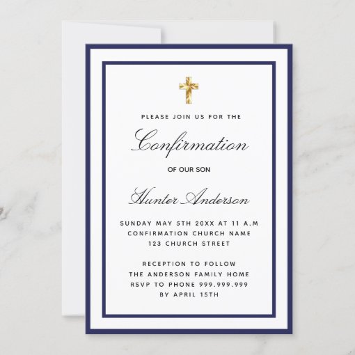 Confirmation boy royal blue white minimalist invitation | Zazzle