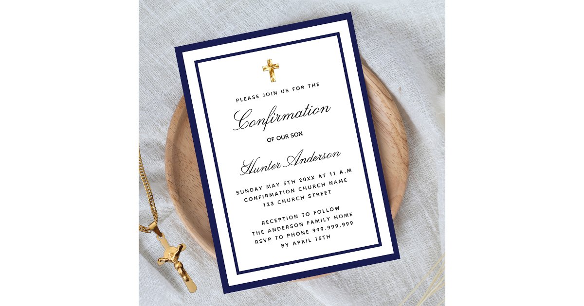 Confirmation boy royal blue white minimalist invitation postcard | Zazzle