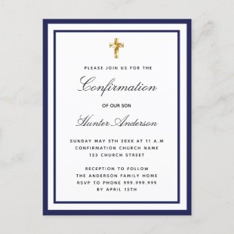 Confirmation boy royal blue white minimalist invitation postcard | Zazzle