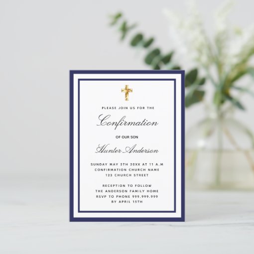 Confirmation boy royal blue white minimalist invitation postcard | Zazzle