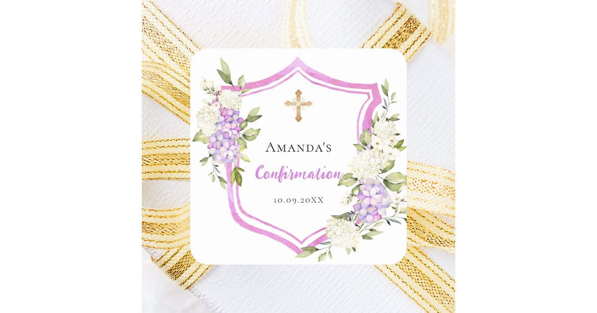 Confirmation crest pink purple flowers square sticker | Zazzle