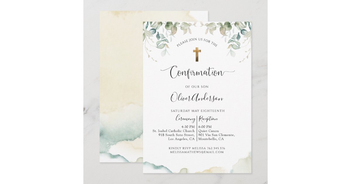 Confirmation, Elegant Greenery and Watercolor Invitation | Zazzle