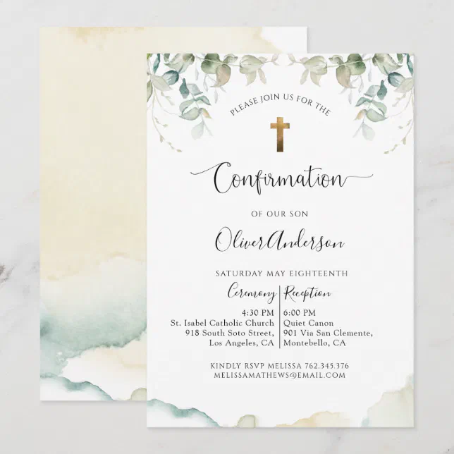 Confirmation, Elegant Greenery and Watercolor Invitation | Zazzle