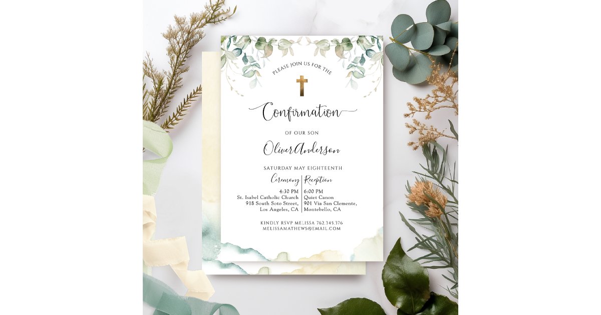 Confirmation, Elegant Greenery and Watercolor Invitation | Zazzle