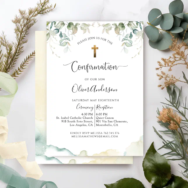 Confirmation, Elegant Greenery and Watercolor Invitation | Zazzle