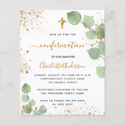 Confirmation eucalyptus glitter budget invitation flyer | Zazzle