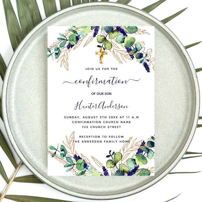Confirmation eucalyptus greenery blue boy invitation | Zazzle