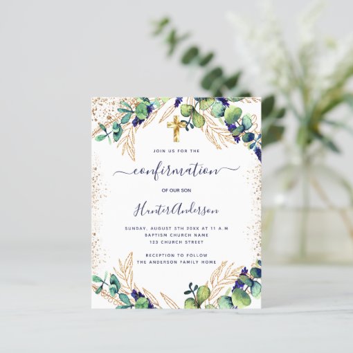 Confirmation eucalyptus greenery blue invitation | Zazzle