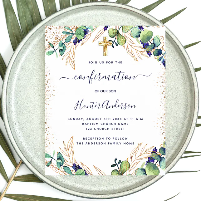 Confirmation eucalyptus greenery blue invitation | Zazzle