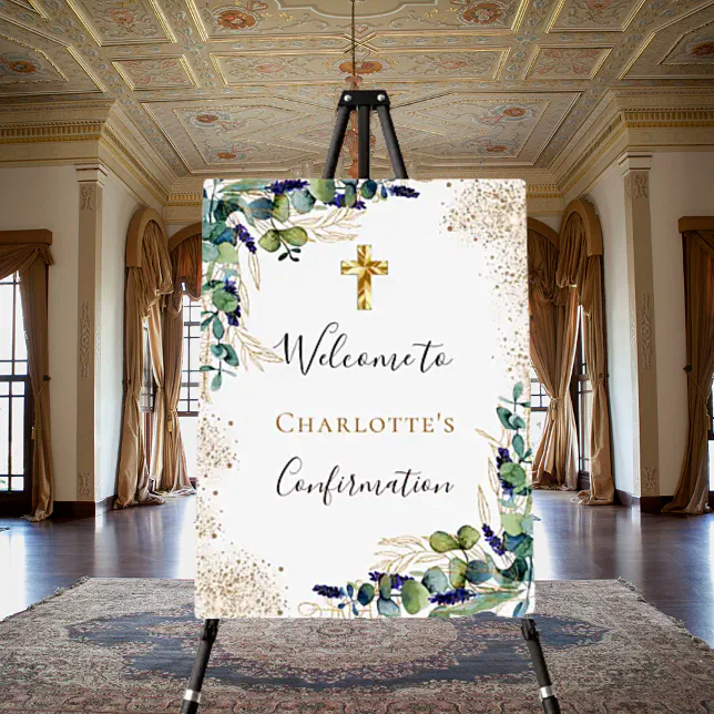 Confirmation eucalyptus greenery cross welcome foam board | Zazzle