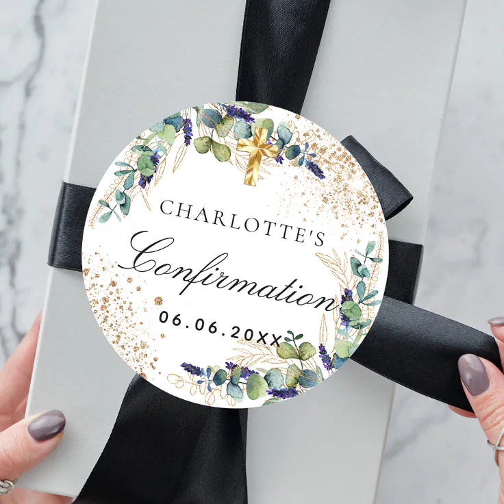 Confirmation eucalyptus greenery gold classic round sticker | Zazzle