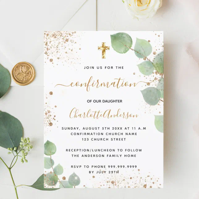 Confirmation eucalyptus greenery gold glitter girl invitation postcard ...