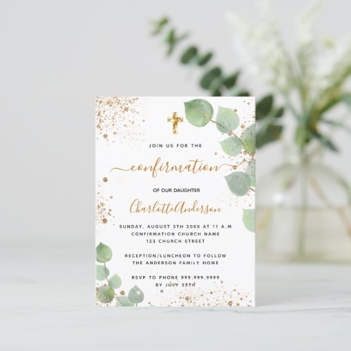 Confirmation eucalyptus greenery gold glitter girl invitation postcard ...