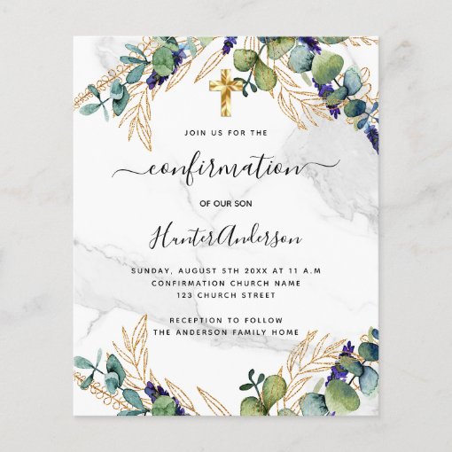Confirmation eucalyptus greenery marble invitation | Zazzle
