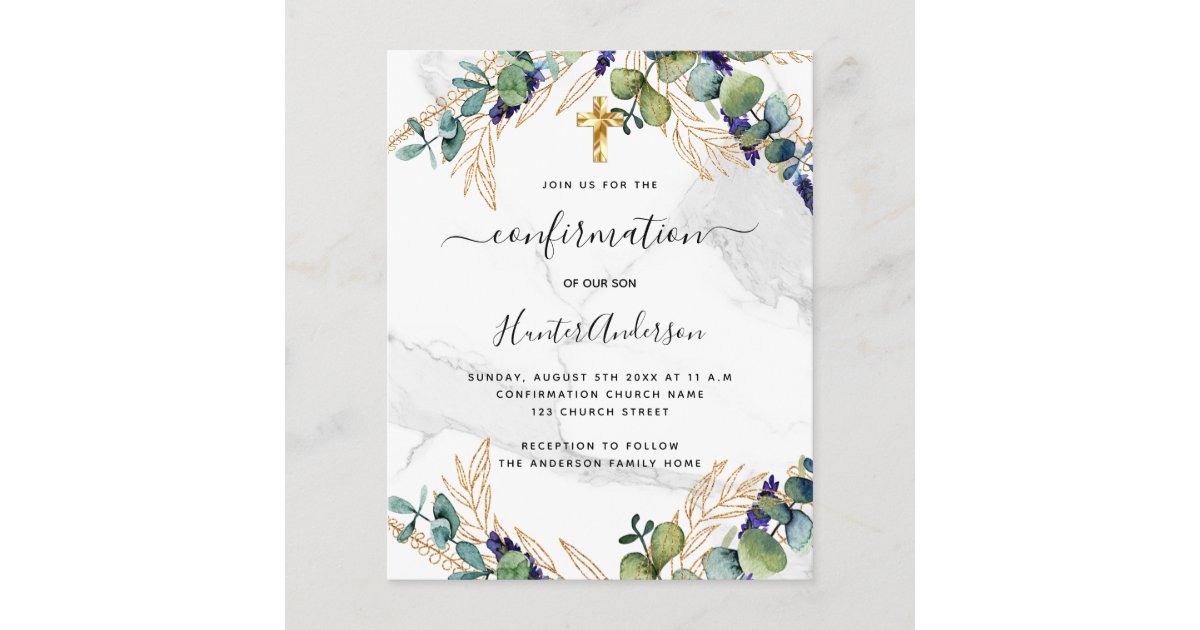 Confirmation eucalyptus greenery marble invitation | Zazzle