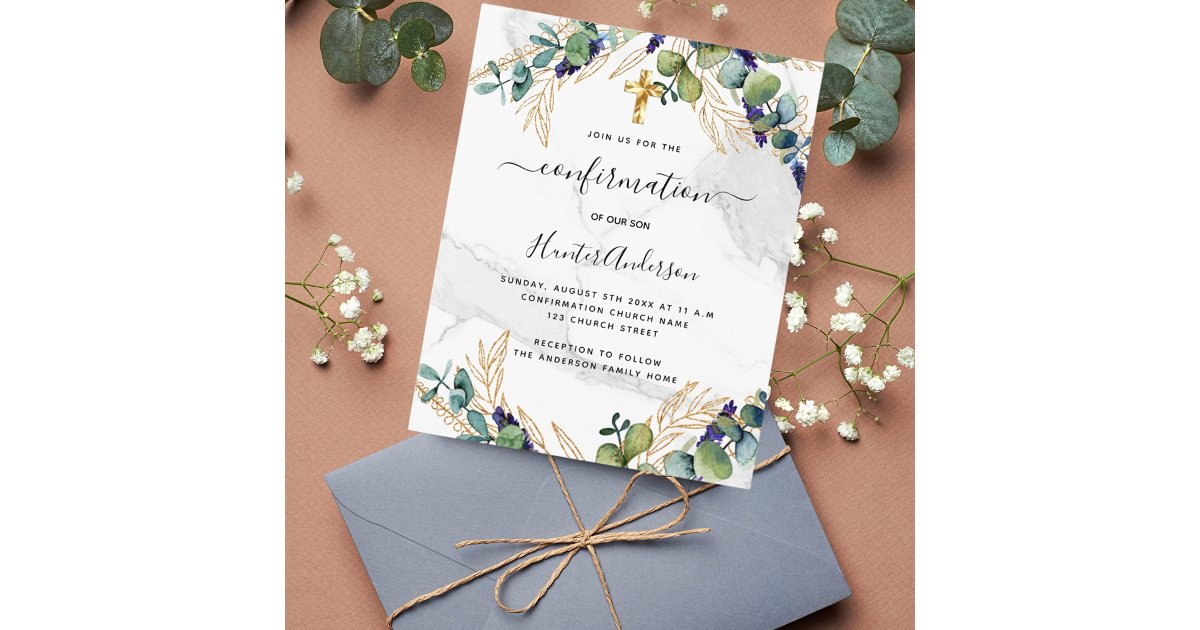 Confirmation eucalyptus greenery marble invitation | Zazzle