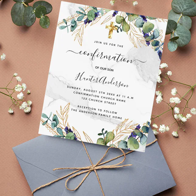 Confirmation eucalyptus greenery marble invitation | Zazzle