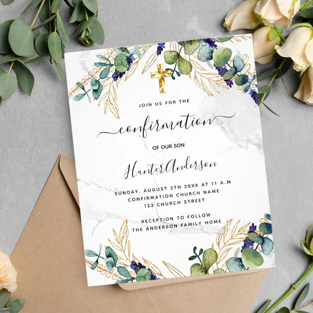 Confirmation eucalyptus greenery marble invitation flyer | Zazzle