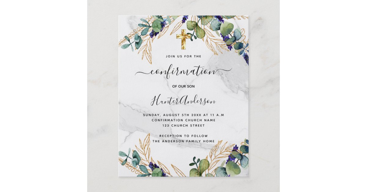 Confirmation eucalyptus greenery marble invitation flyer | Zazzle