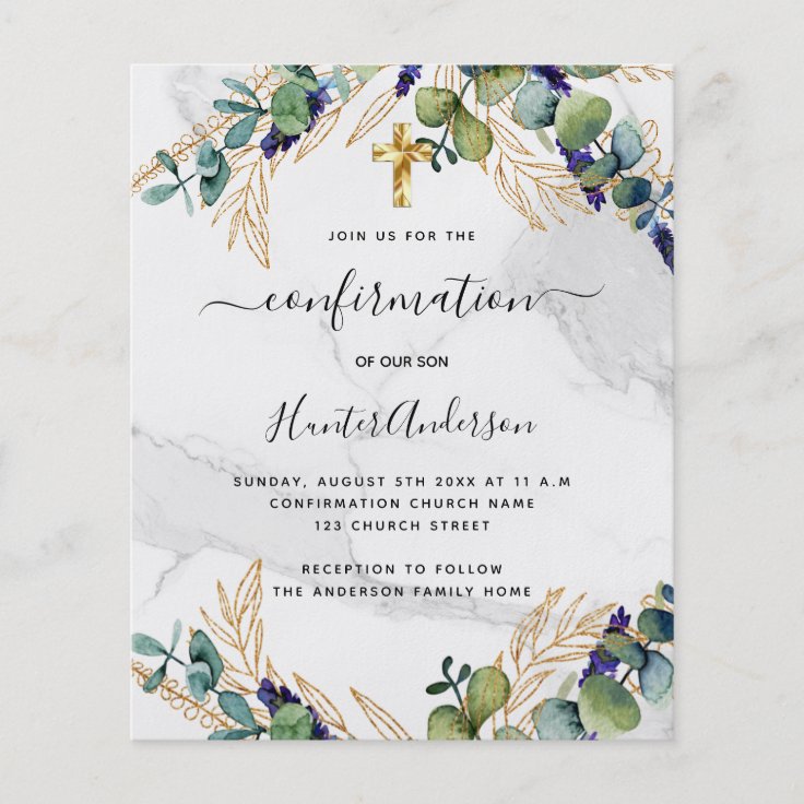 Confirmation eucalyptus greenery marble invitation flyer | Zazzle