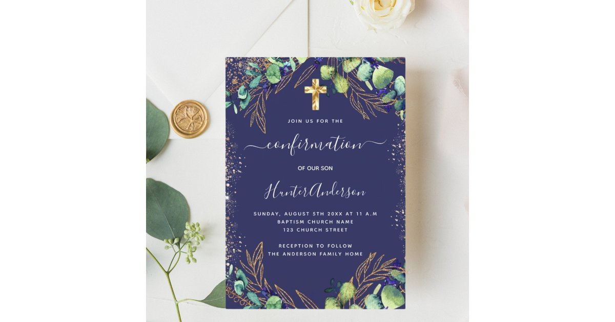 Confirmation eucalyptus greenery navy blue invitation | Zazzle