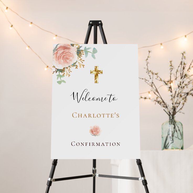 Confirmation eucalyptus pink floral girl welcome foam board | Zazzle