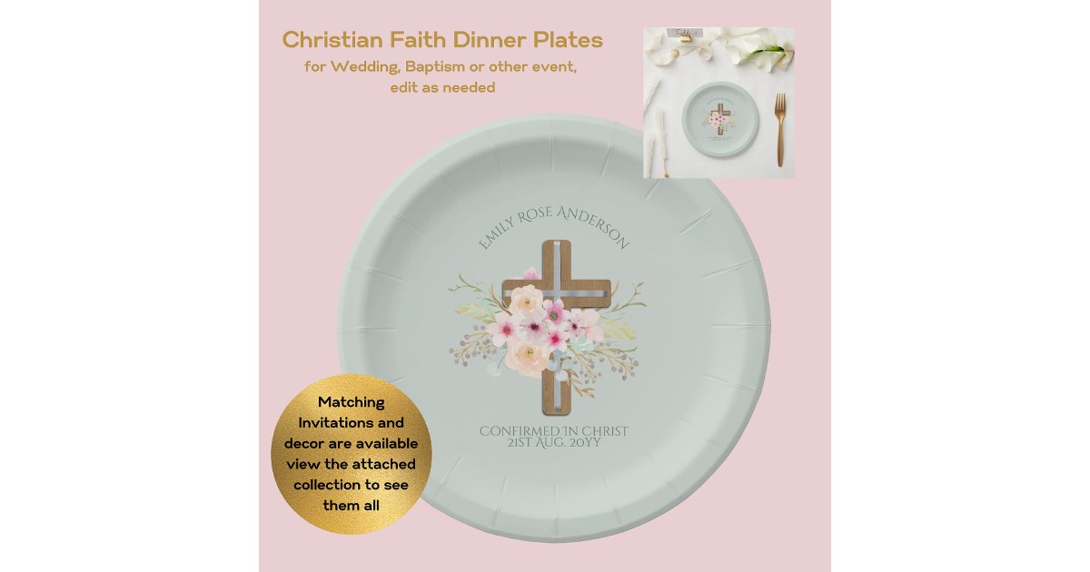 Confirmation Event Floral Cross Personalized Paper Plates | Zazzle