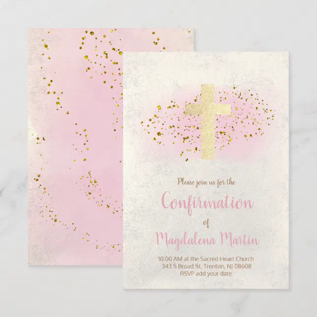 Confirmation | FAUX glitter and pink watercolor Invitation | Zazzle