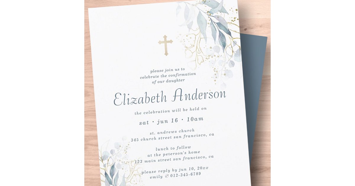 Confirmation For Her Modern Foliage Gold Cross Invitation | Zazzle
