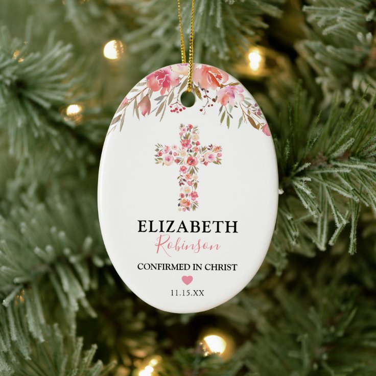 Confirmation Gift | Pink Floral Cross Ceramic Ornament | Zazzle