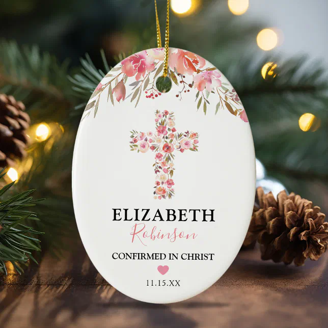 Confirmation Gift | Pink Floral Cross Ceramic Ornament | Zazzle