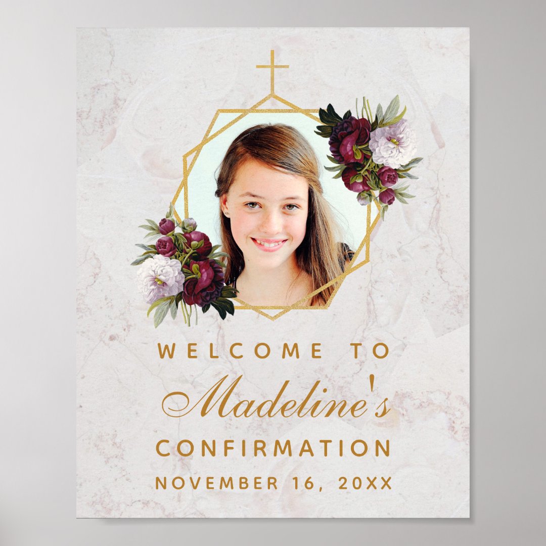 Confirmation Girl Photo Burgundy Peonies Floral Po Poster | Zazzle