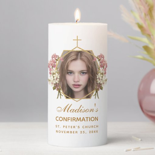 Confirmation Girl Photo Floral Gold Pink Orchids Pillar Candle | Zazzle
