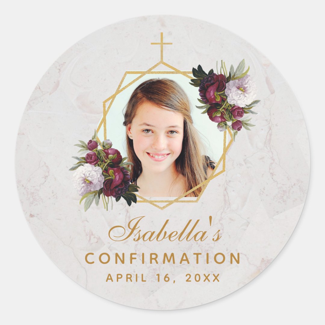 Confirmation Girl Photo Gold Burgundy Peonies Cla Classic Round Sticker ...