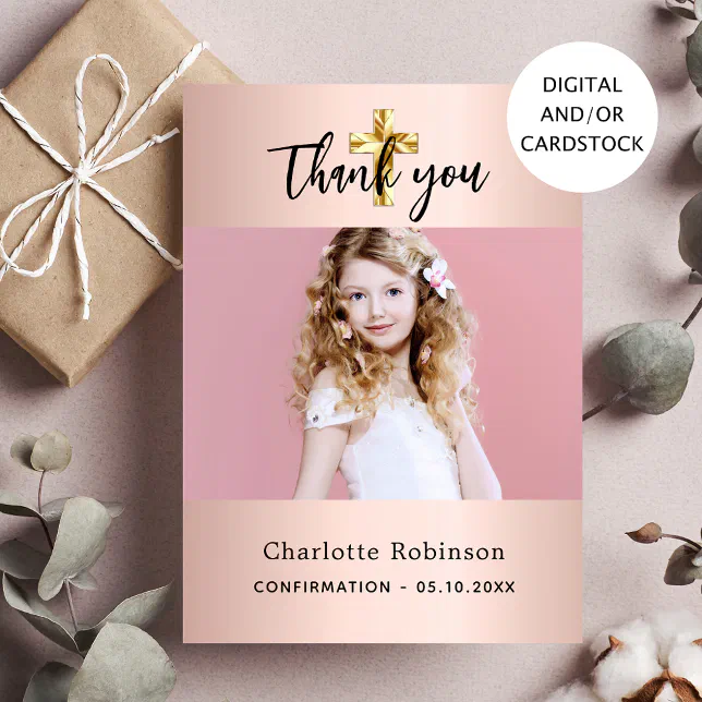 Confirmation girl rose gold photo thank you card | Zazzle