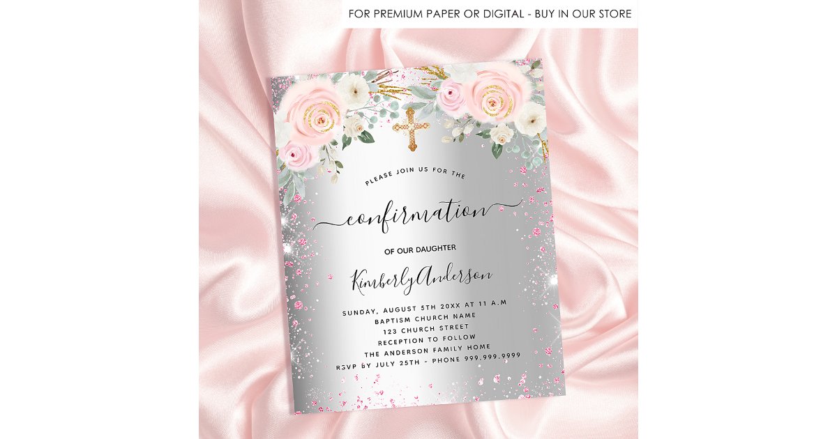 Confirmation girl silver pink floral invitation flyer | Zazzle