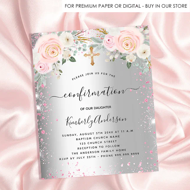 Confirmation girl silver pink floral invitation flyer | Zazzle